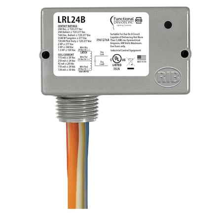 Functional Devices-Rib Mechanically Latching Lighting Relay, 24 Vac/dc Coil, SPST relay with ...